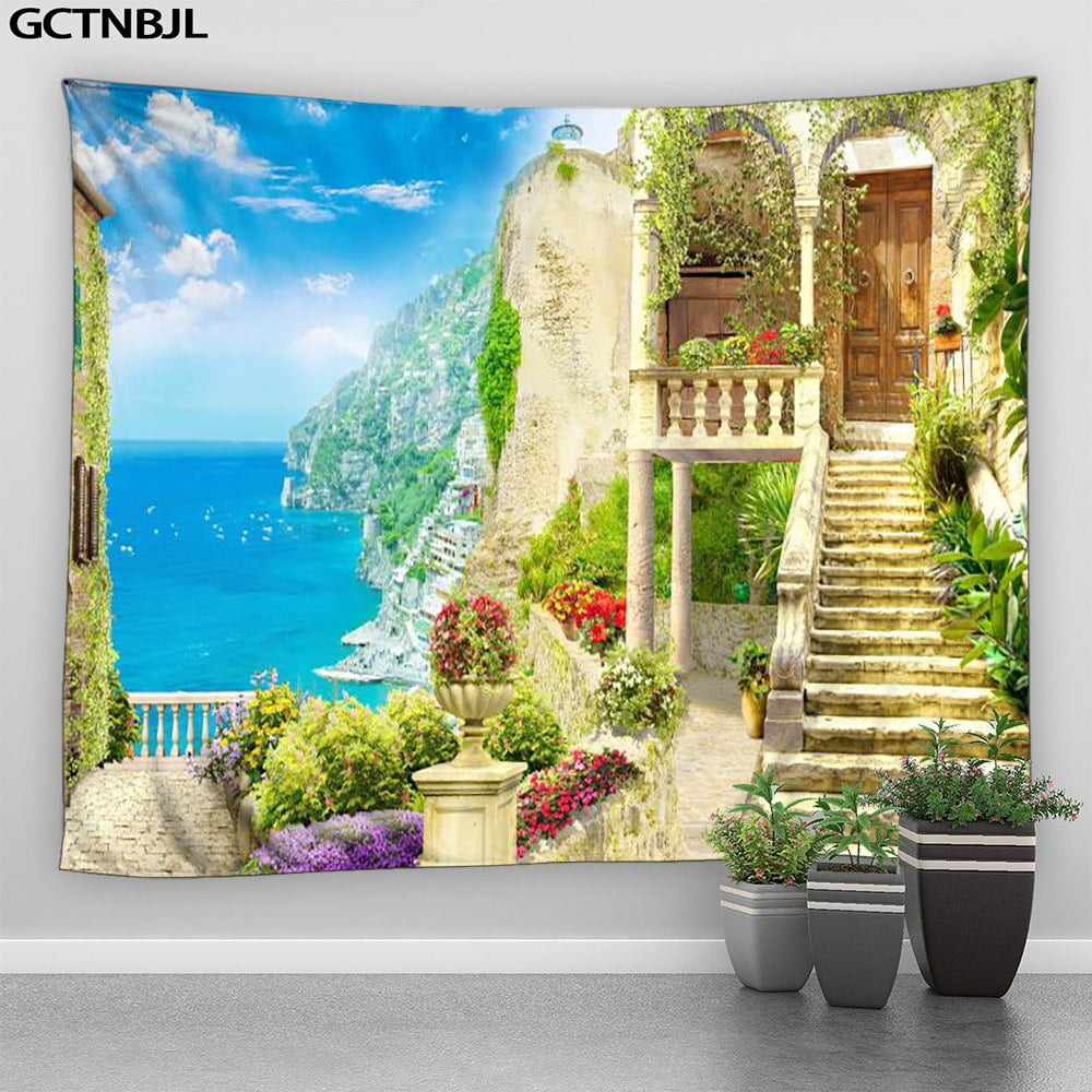 Europe Garden Landscape Tapestry Wall Hanging Lake Roman Building Ocean ...