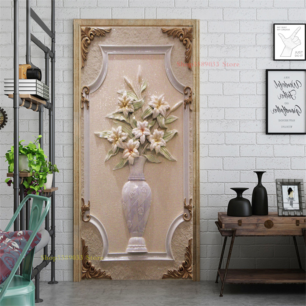 Europe House Decor Sticker Door 3D Relief PVC Wallpaper Flower Dragon ...