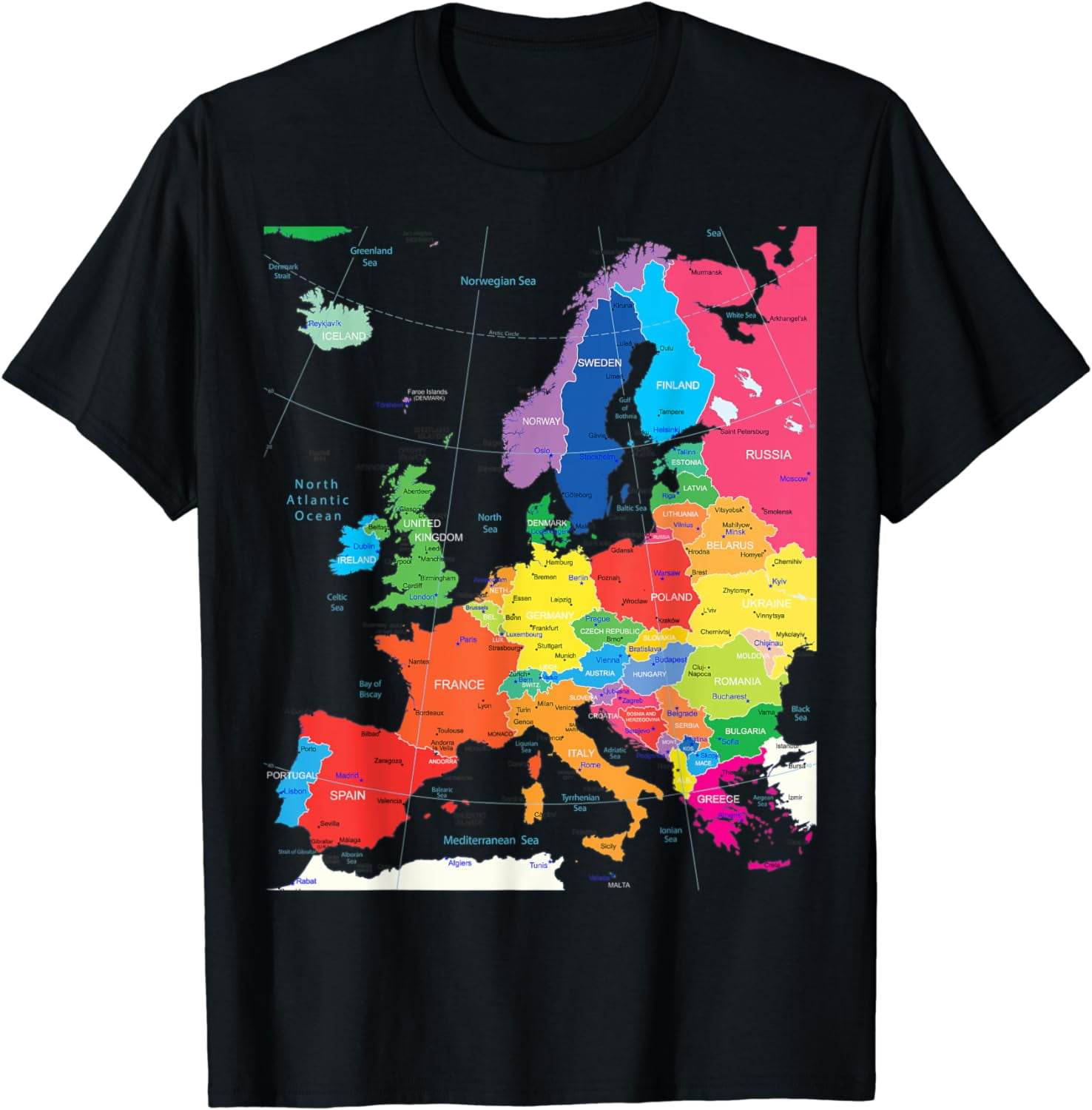 Europe Map with border, countries, capitals, major cities T-Shirt ...