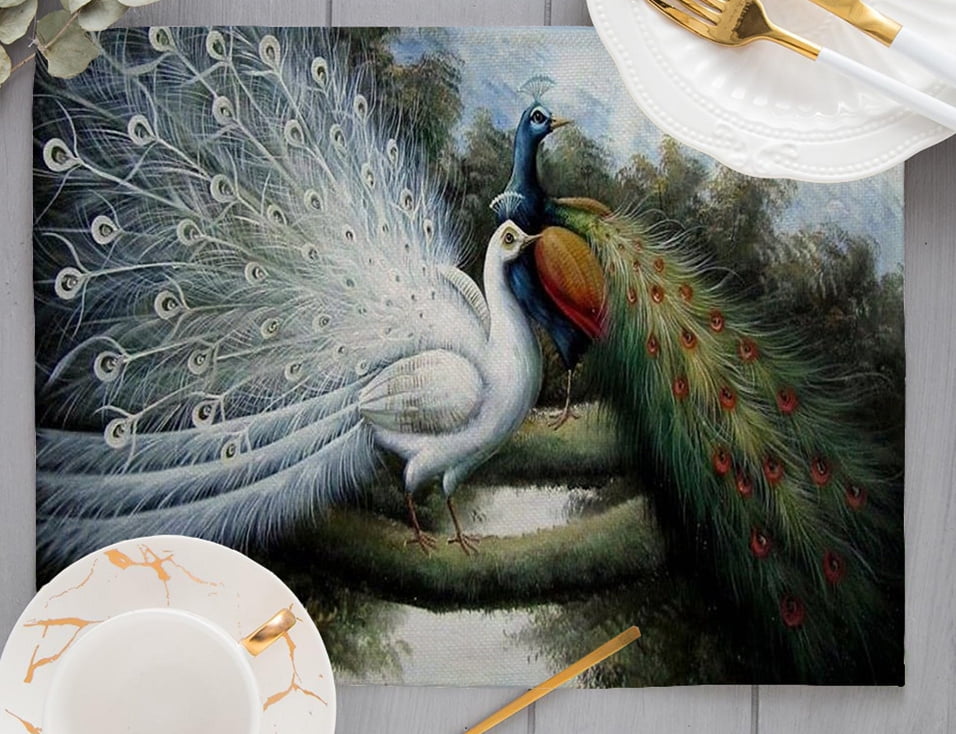 Europe Retro Mysterious Oil Painting Style White Green Couple Peacock ...
