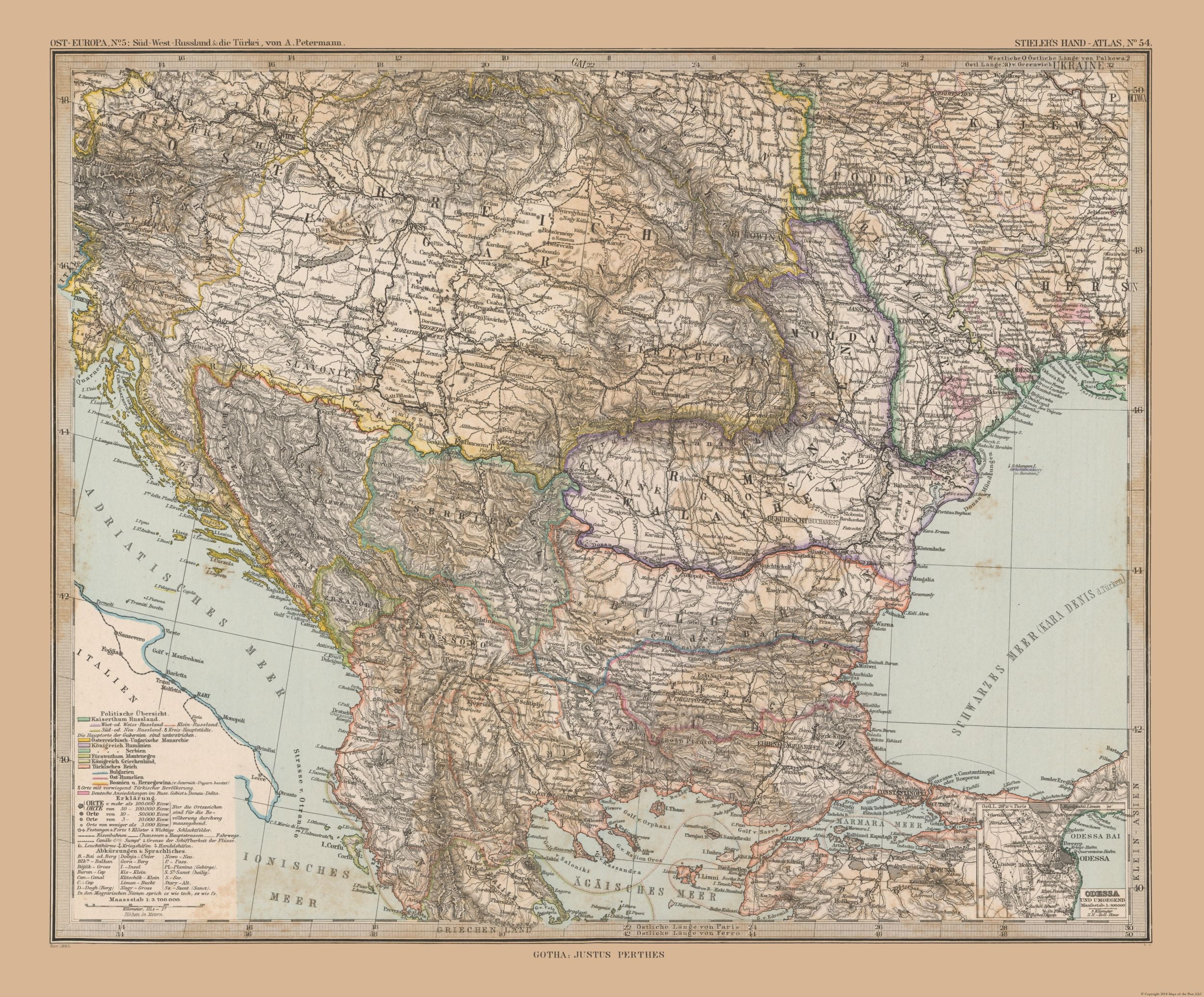 Historic Map - Europe Southeast - Stieler 1885 - 27.77 x 23 - Vintage ...
