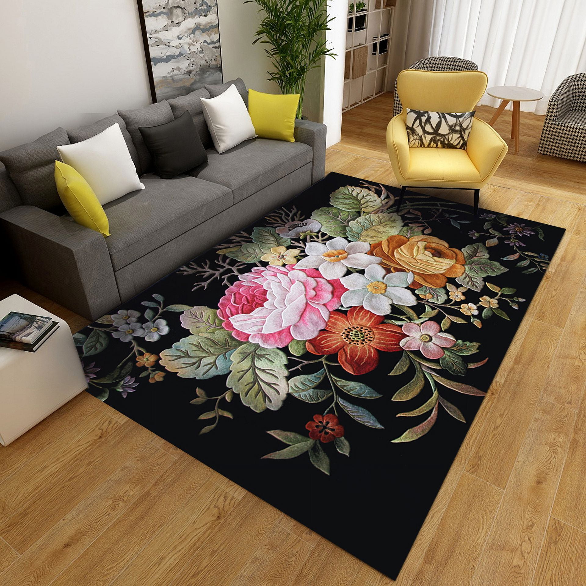 Europe Style Black Floral Carpet for Modern Living Room 3D Flower ...