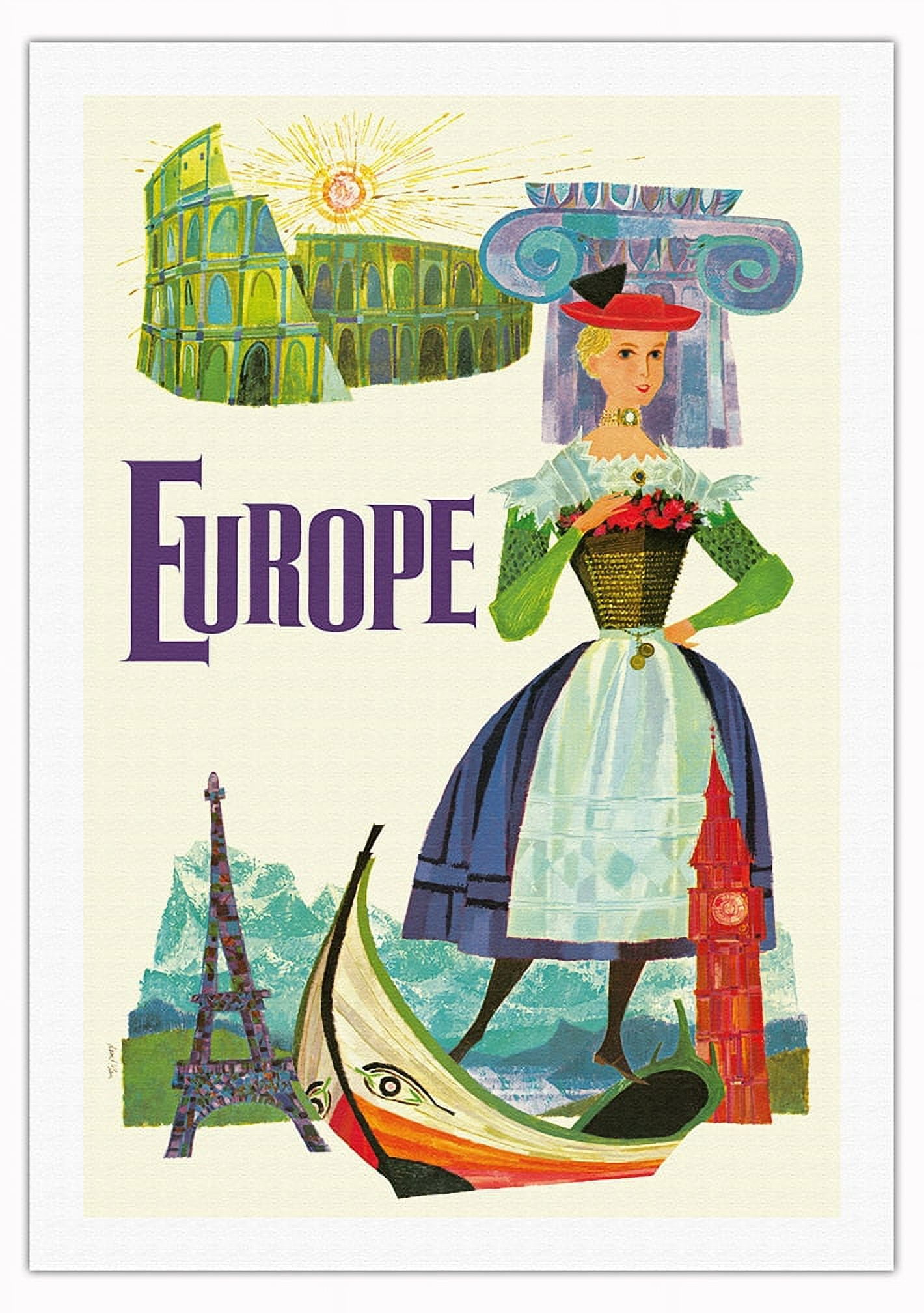 Europe - Vintage Travel Poster by David Klein c.1960s - Fine Art Rolled ...