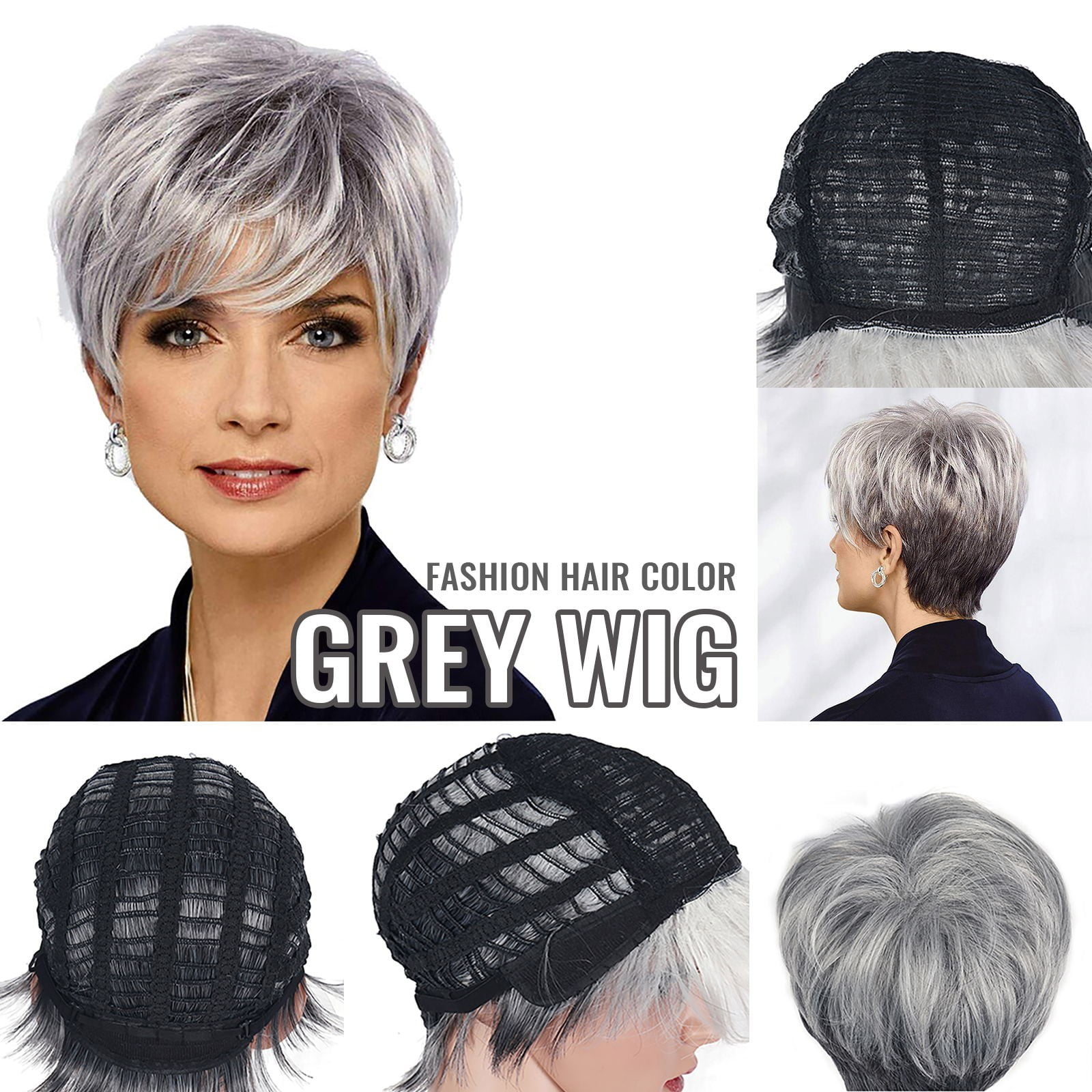 Blekii European/American Grandma Short Wig - Partial Curly Gray Hair ...