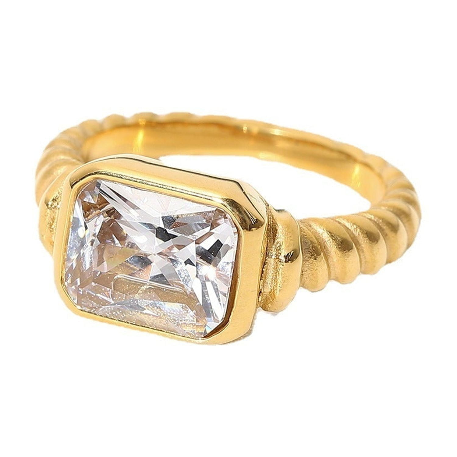 Stainless Steel Croissant Ring with Emerald Rectangular Stone European ...