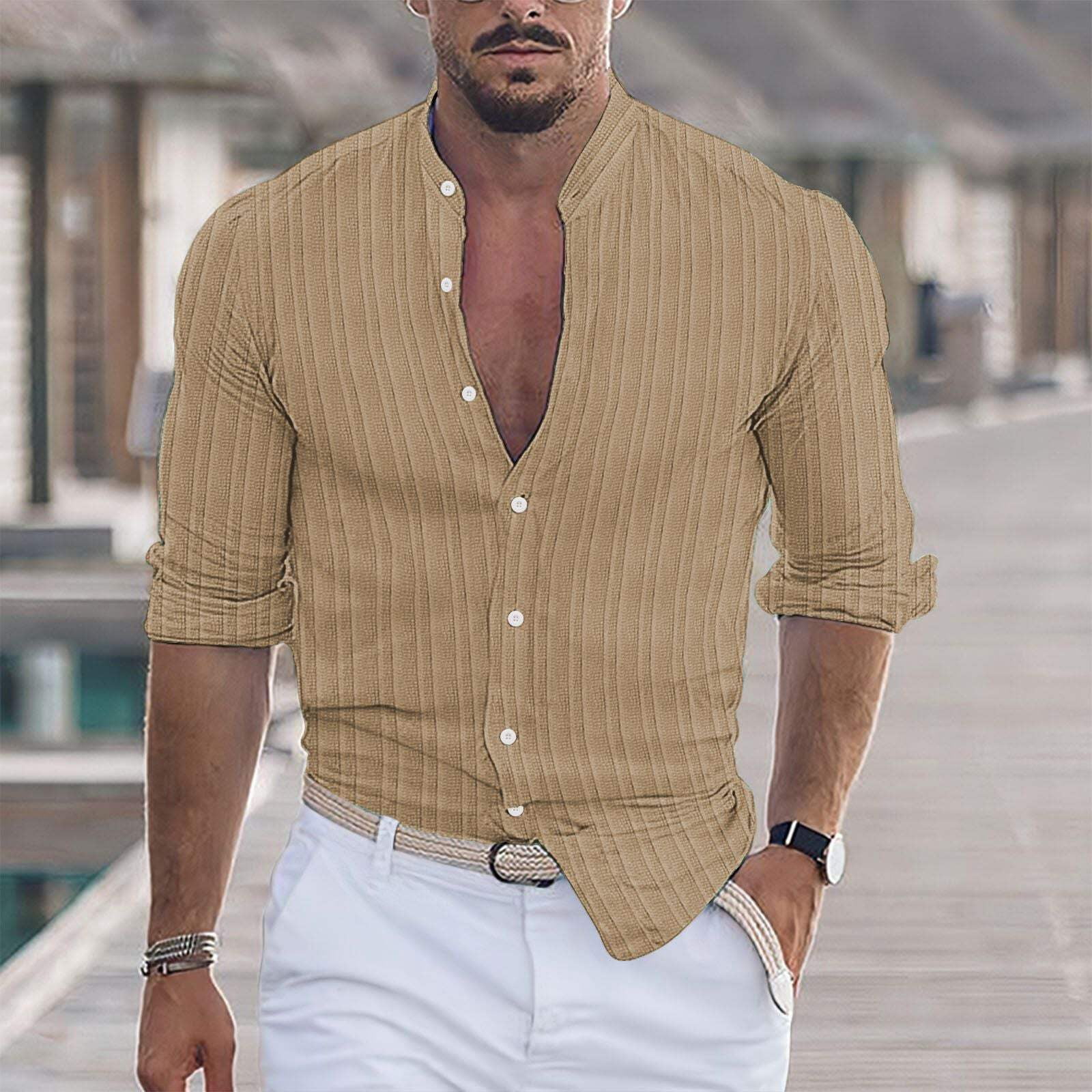 European And American Men's Cotton And Linen Stripes Jacquard Shirt ...