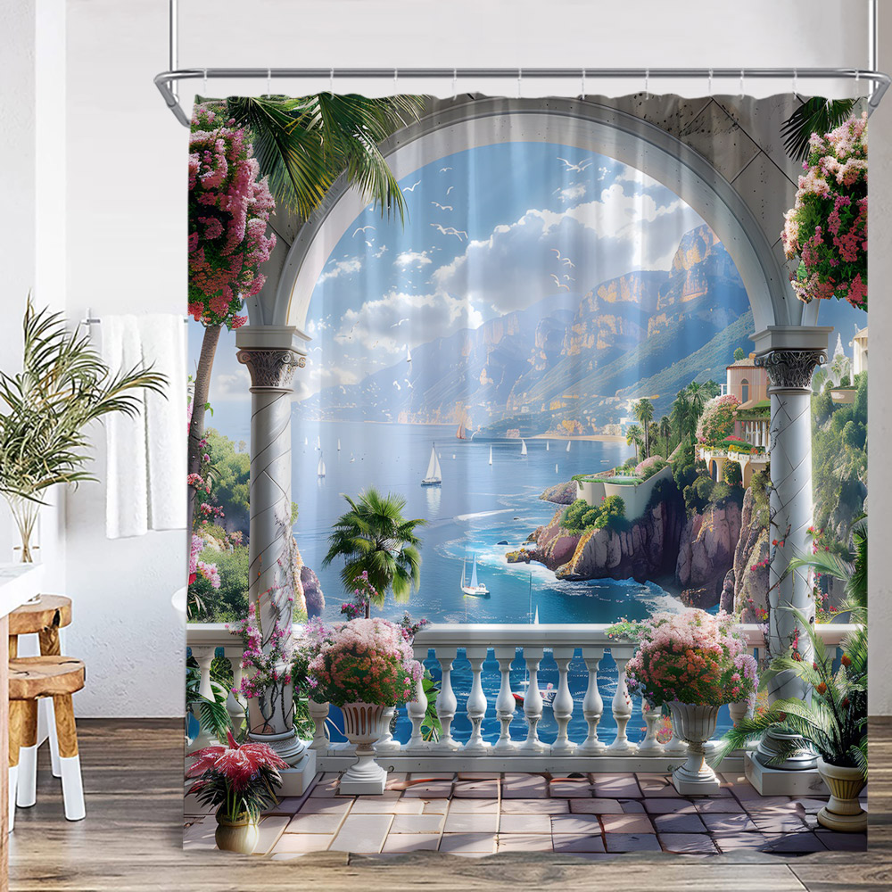 European Arch Door Roman Column Shower Curtain Green Vine Flower Plant ...