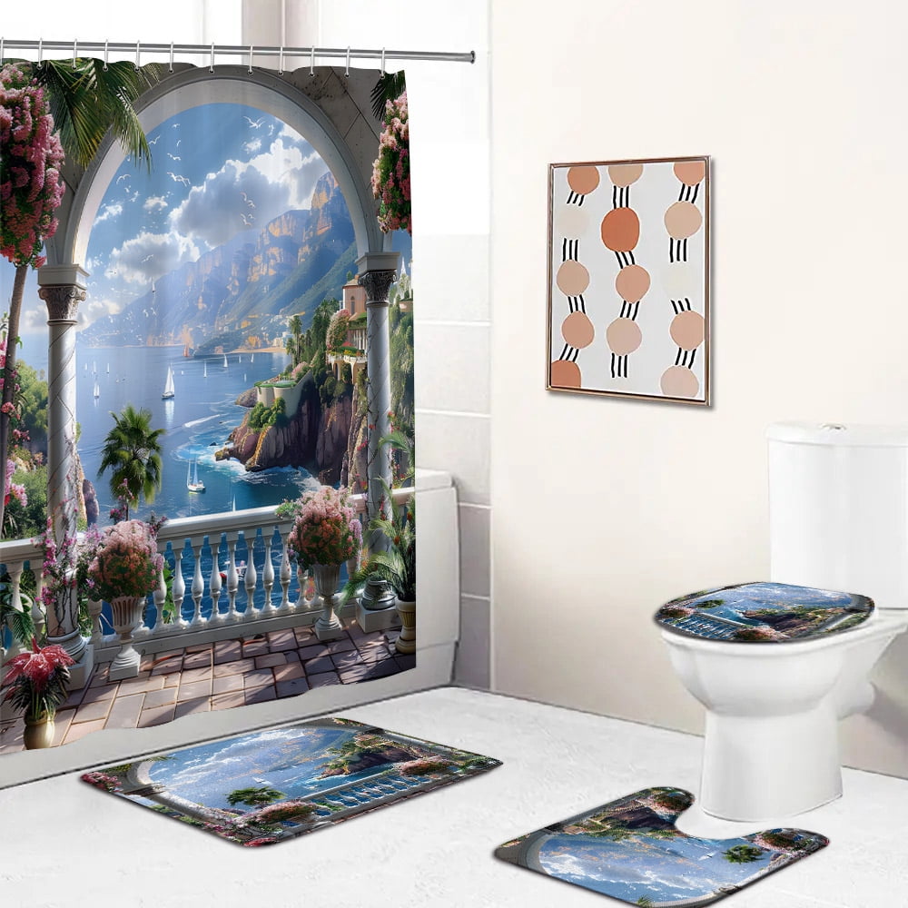 European Arch Door Roman Column Shower Curtain Set Green Vine Flower ...