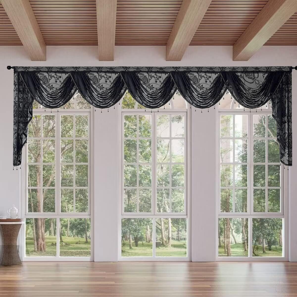 European Black Flower Sheer Valance Waterfall Swag Extra Wide for ...