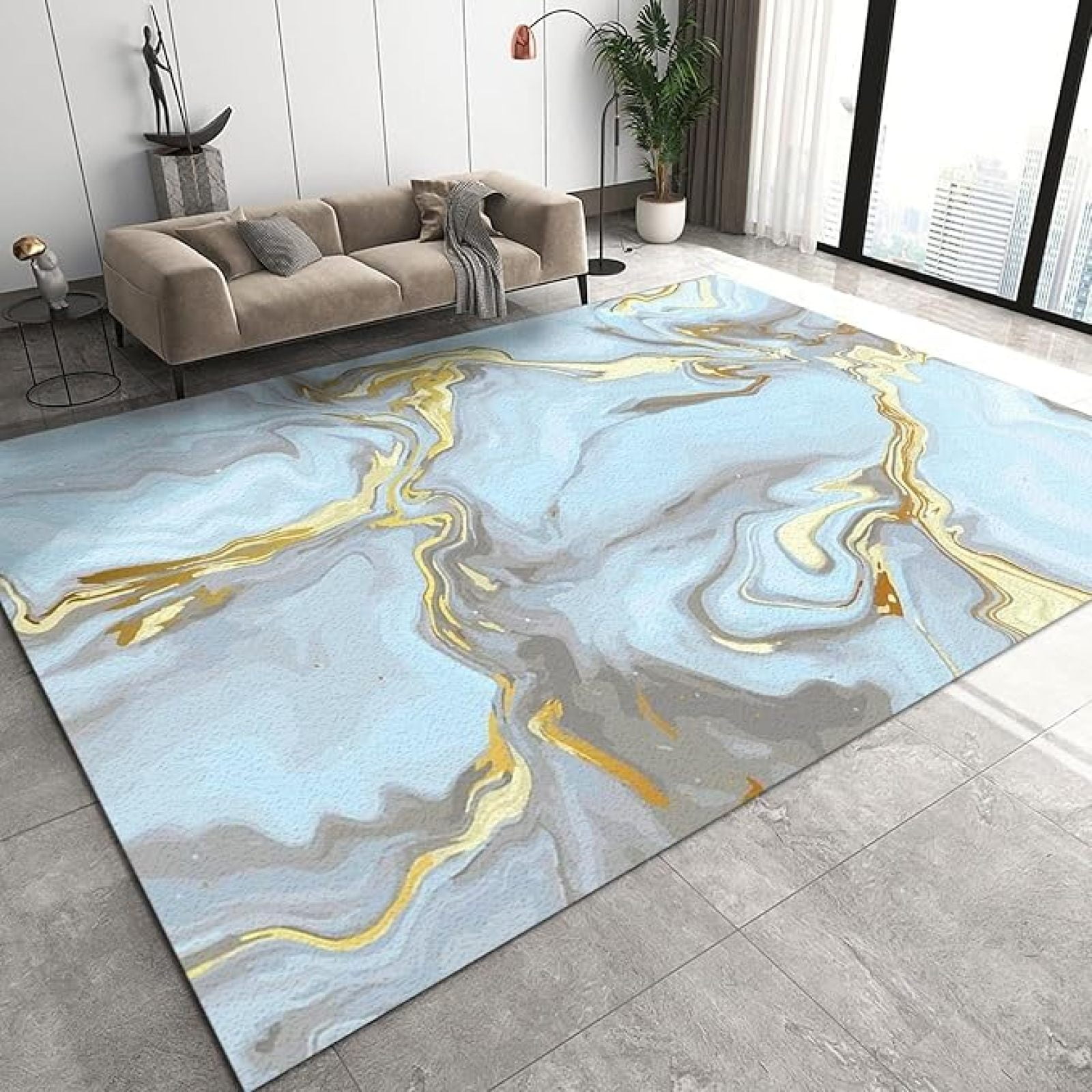 European Blue Gold Swirl Art Area Rug, Ink Blue Geometric Gilt Texture ...