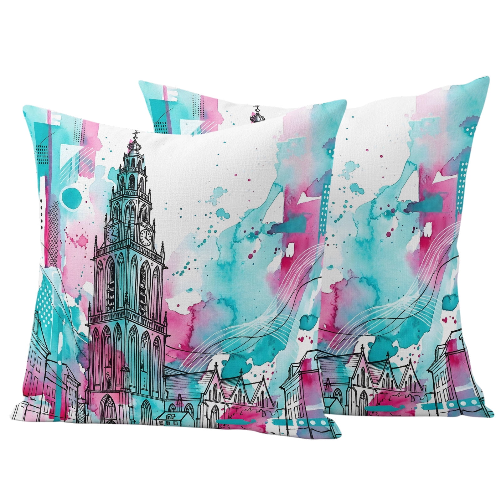 European Cathedral Outdoor Pillow Covers Set of 2 Art Watercolor Splash ...