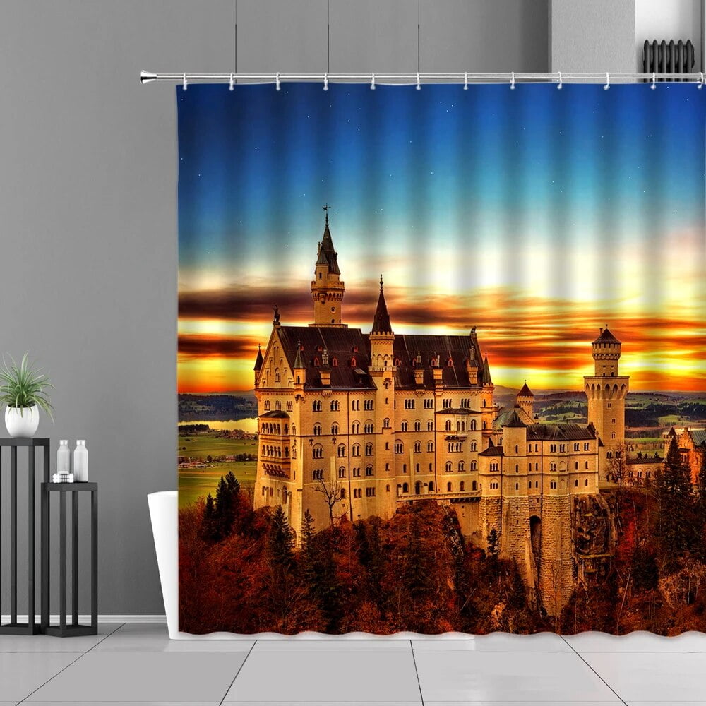 European Church Shower Curtains Retro Building Jesus Cross Easter Home ...