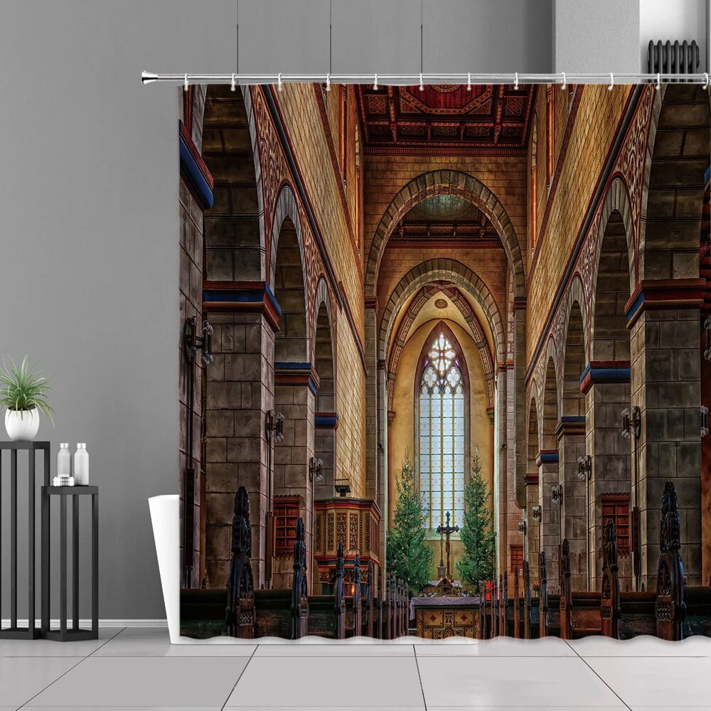 European Church Shower Curtains Retro Building Jesus Cross Easter Home ...
