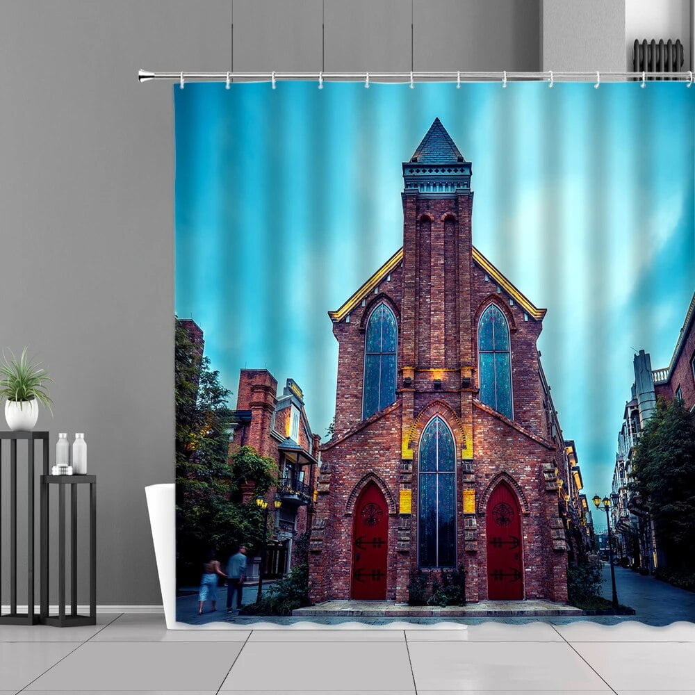 European Church Shower Curtains Retro Building Jesus Cross Easter Home ...