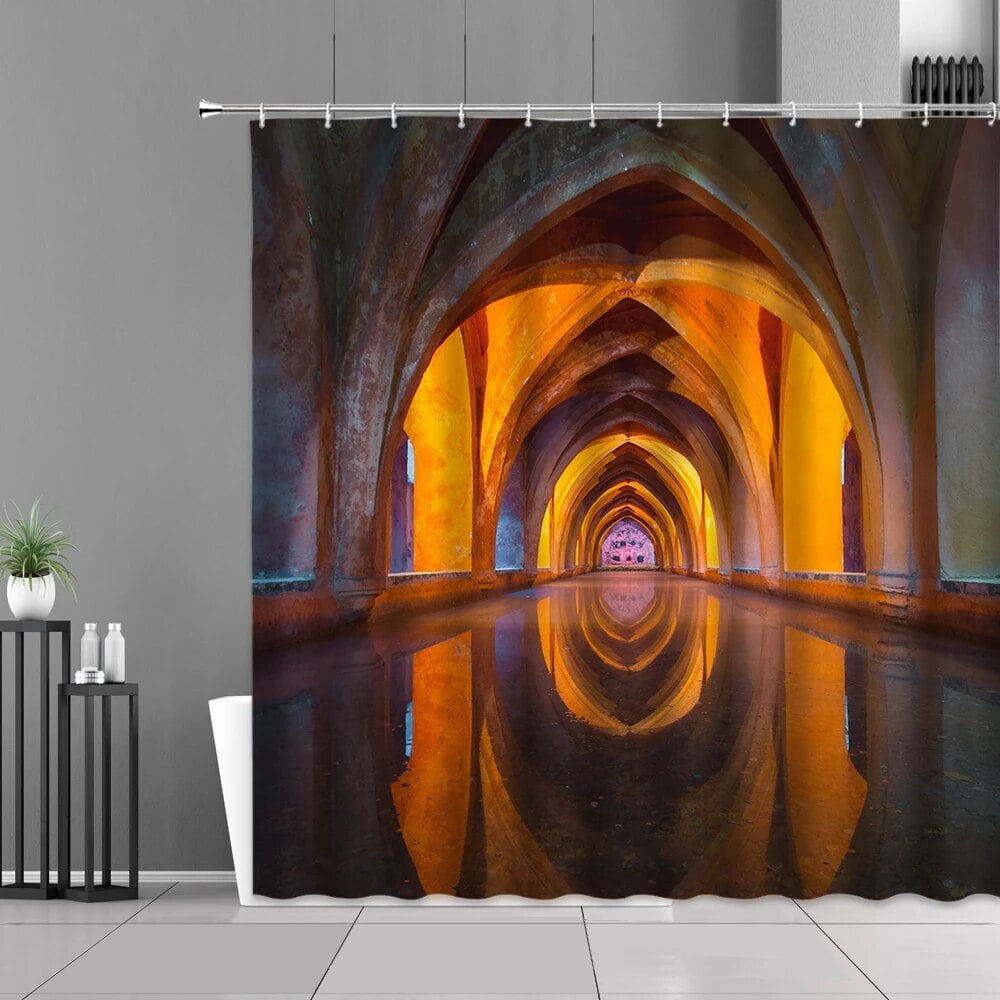 European Church Shower Curtains Retro Building Jesus Cross Easter Home ...