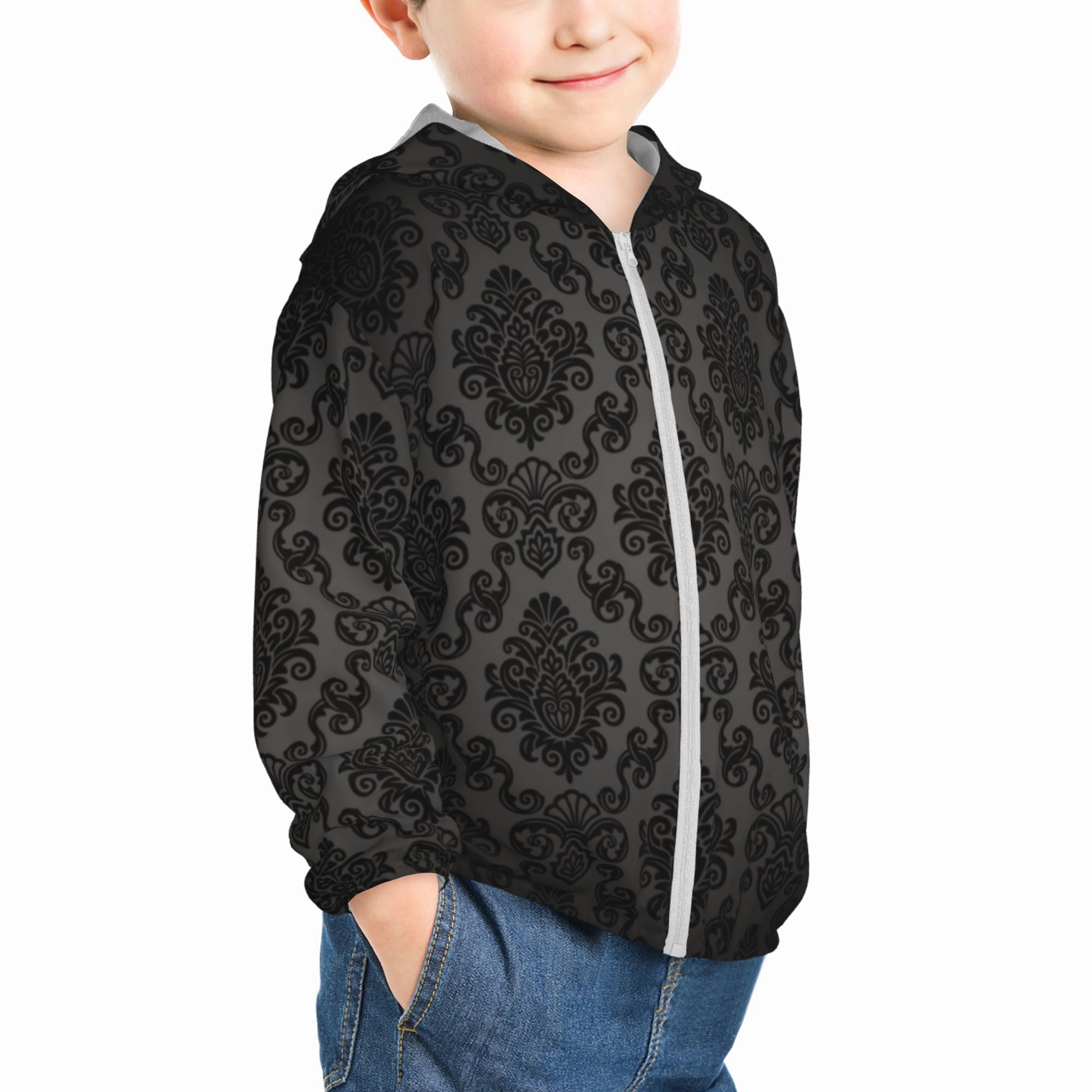 European Classical Flower Background Kids Zip-Up Hoodie Girls Boys Sun Protection Jacket Hooded ...