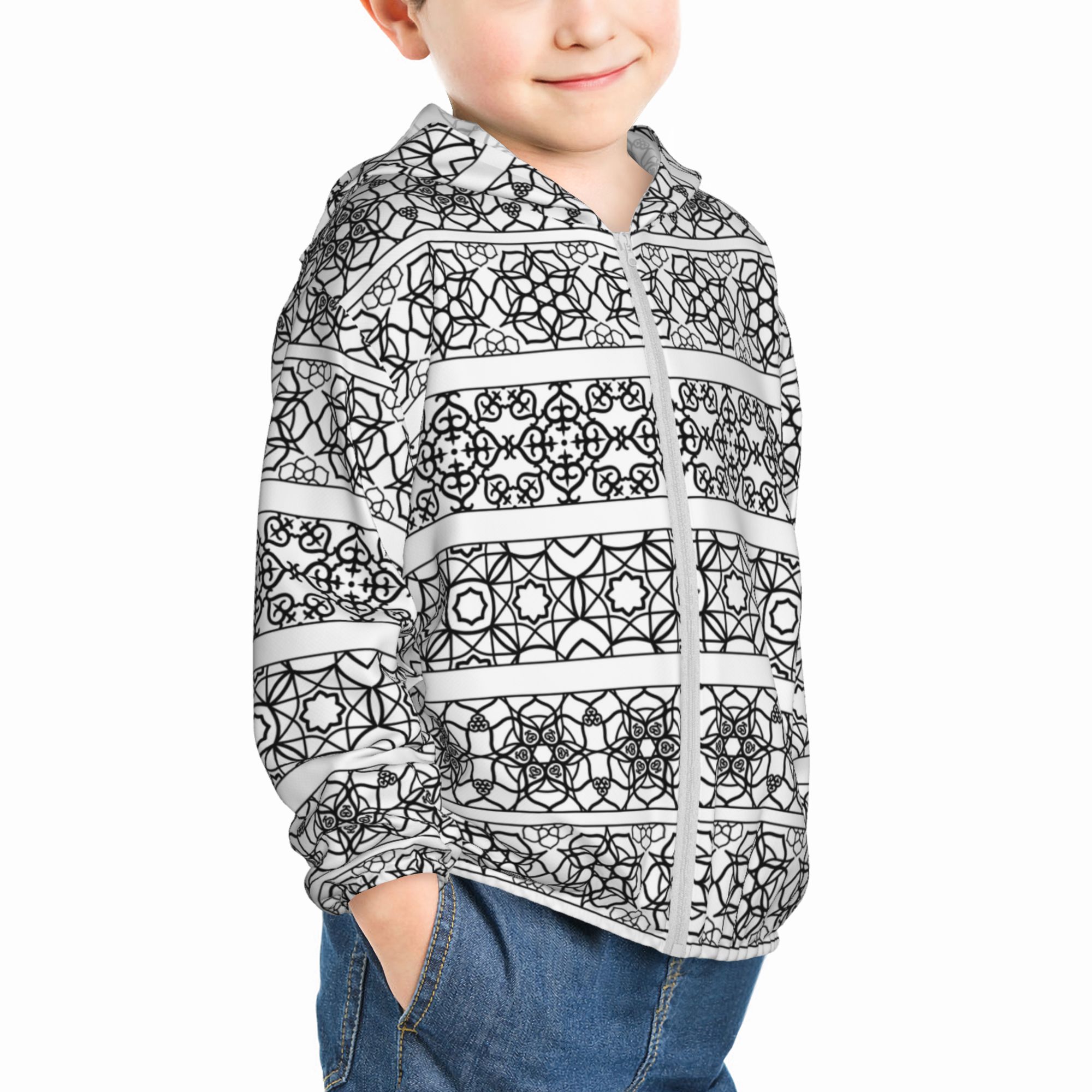 European Floral Border Pattern Kids Zip-Up Hoodie Girls Boys Sun Protection Jacket Hooded ...