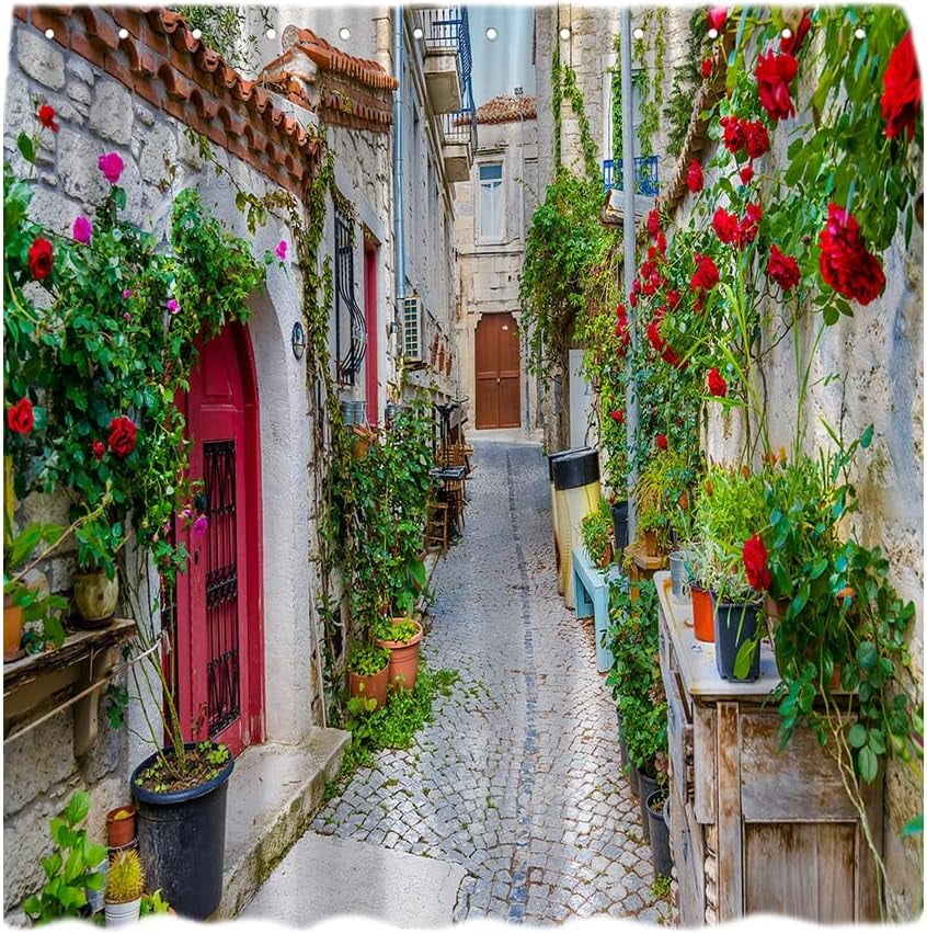 European Flowers Scenery Garden Shower Curtain Italian Courtyard with ...