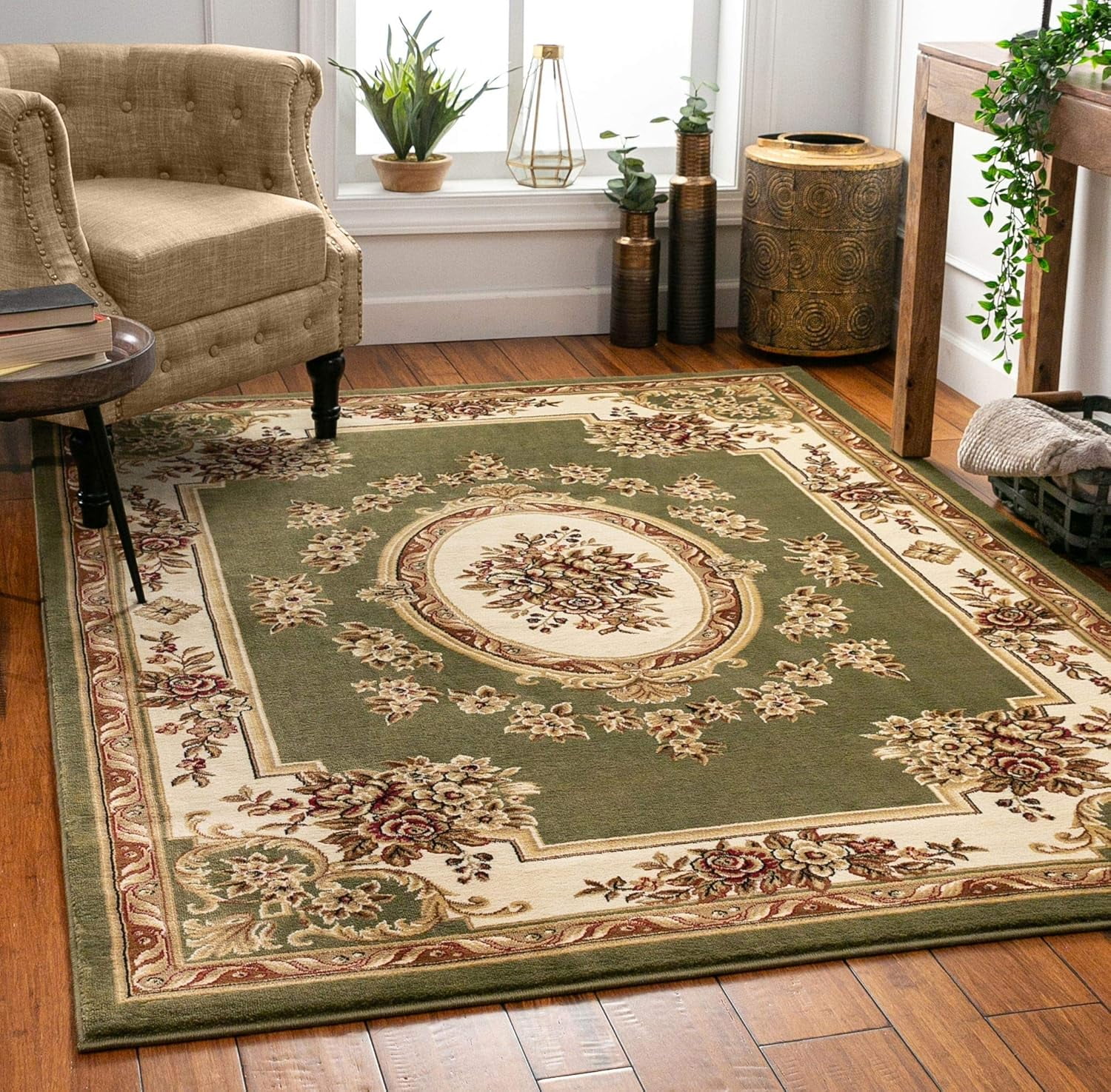 European Formal Traditional Pastoral Medallion Green French Area Rug (5 ...