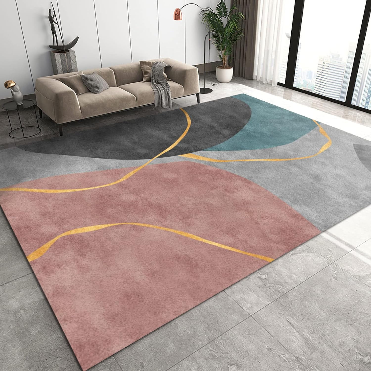 European Geometry Retro Area Rugs, Yellow Lines Blue and Red Hand Drawn ...