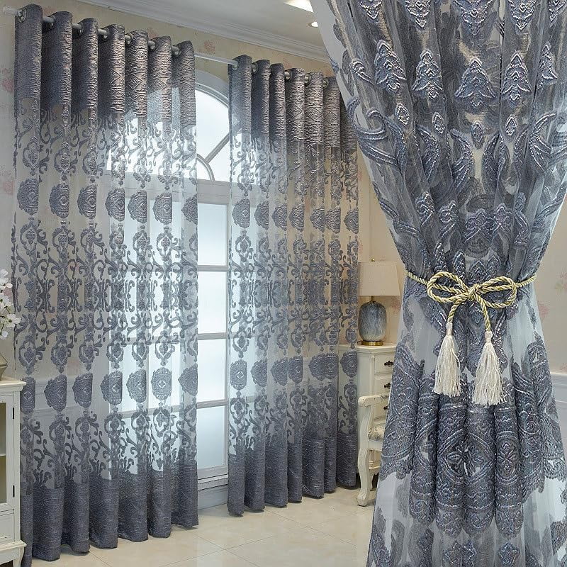 European Grayish Blue Flower Embroidery Sheer Curtains Villa Luxury ...