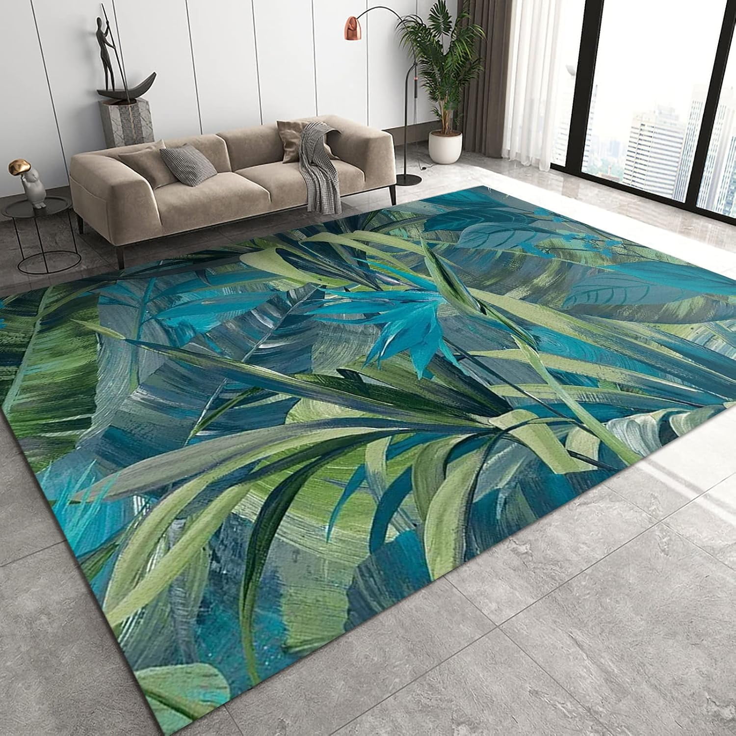 European Green Leaves Area Rugs, Hand Drawn Tropical Rainforest Banana ...