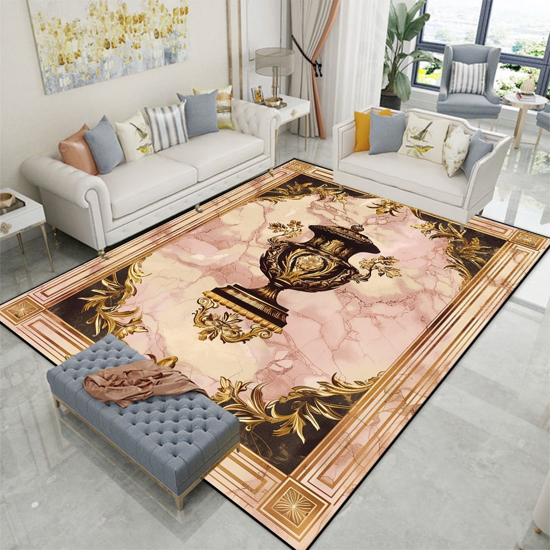European Living Room Carpet Classical Pink Rose Luxury Rug Washable ...