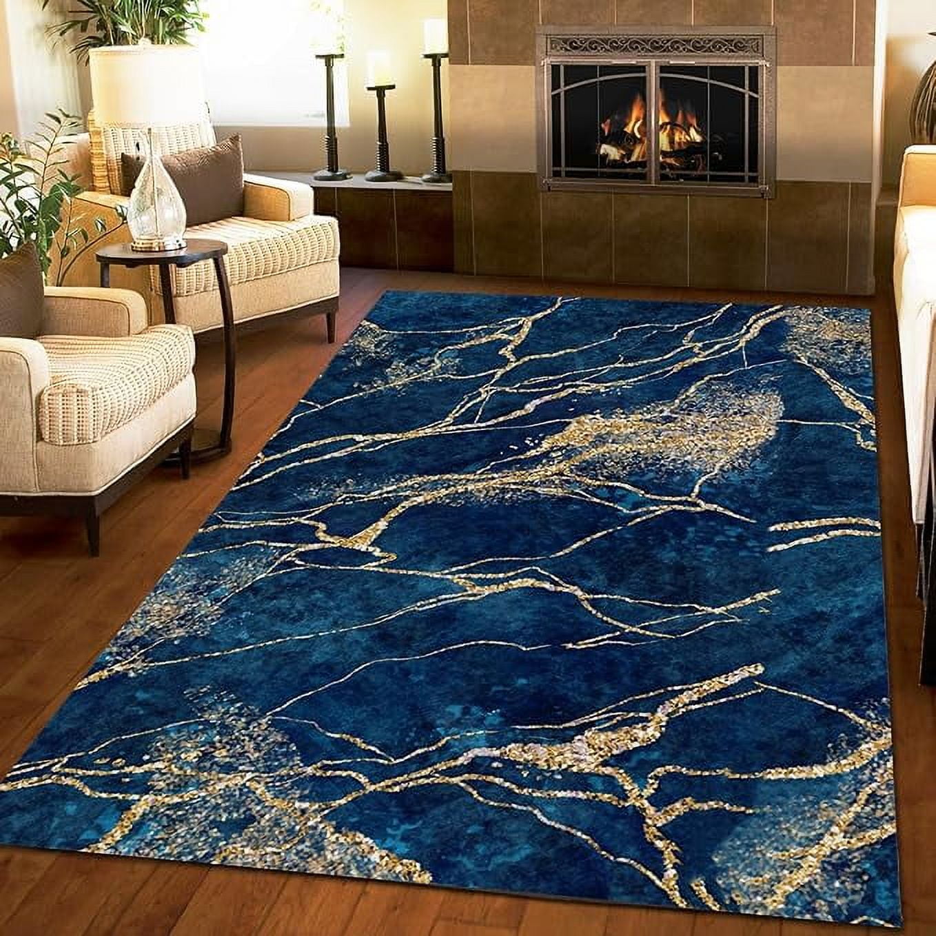 European Luxury Art Indoor Bedroom Carpet, Blue Gold Marble Cracked ...