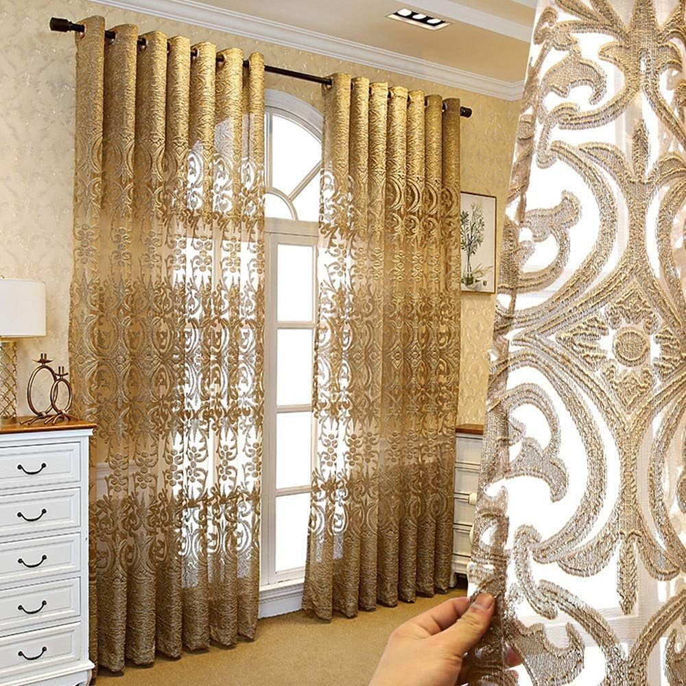 European Luxury Embroidered Hollow Dark Golden Brown Curtains Extra Long for Living Room Bedroom ...