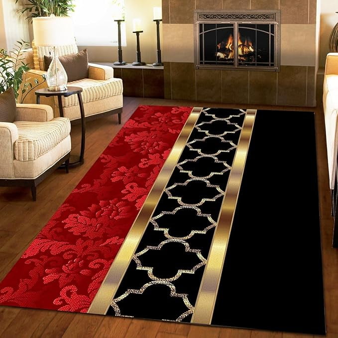European Luxury Golden Geometry Area Rug, Abstract Black And Red Print ...