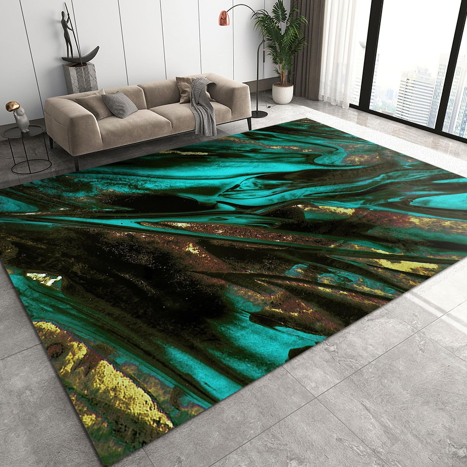 European Luxury Marble Area Rugs, Gilded Artistic Emerald Green Rug ...