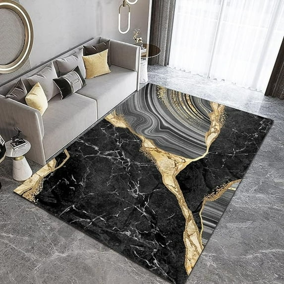 European Luxury Marble Area Rugs, Modern Abstract Black Gold Lines ...