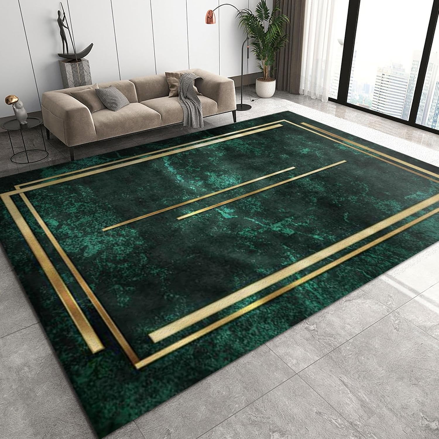 European Luxury Throw Rug, Advanced Golden Lines Green Area Rug, Non ...