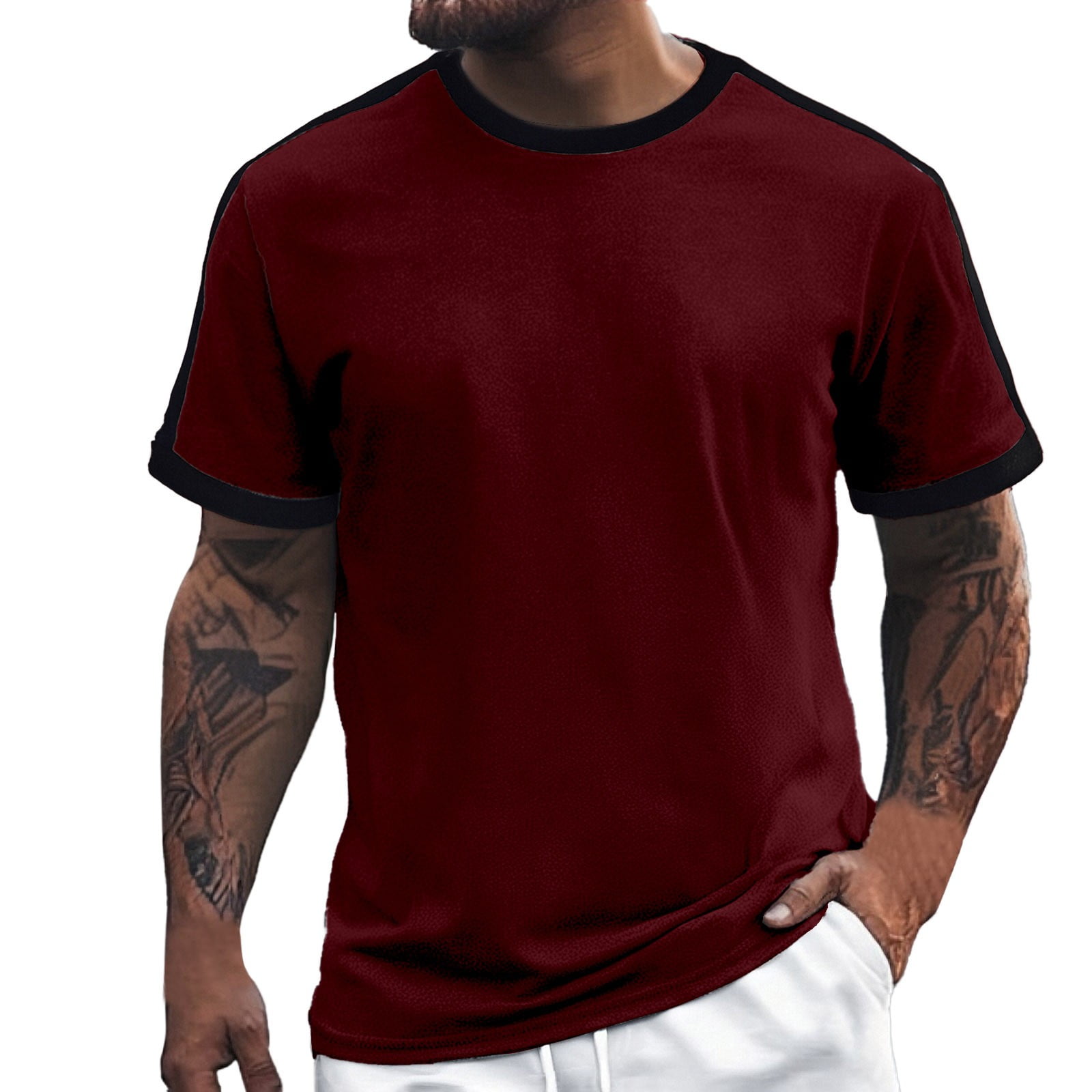 European Men's T Shirt Solid Color Vertical Stripe Color Blocked Casual ...