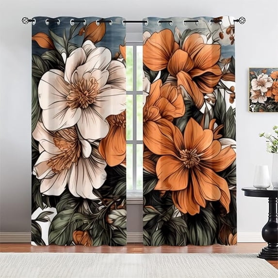 European Orange Geometric Flowers Blackout Curtains, Pastoral ...