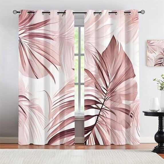 European Pink Leaves Blackout Curtains, Modern Tropical Banana Leaves ...