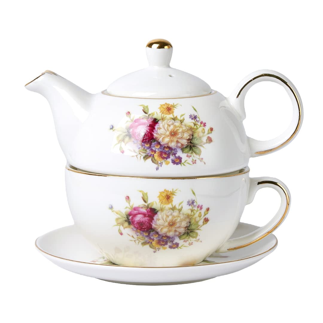 European Porcelain Tea for One, Vintage Floral Teapot and Saucer Set ...