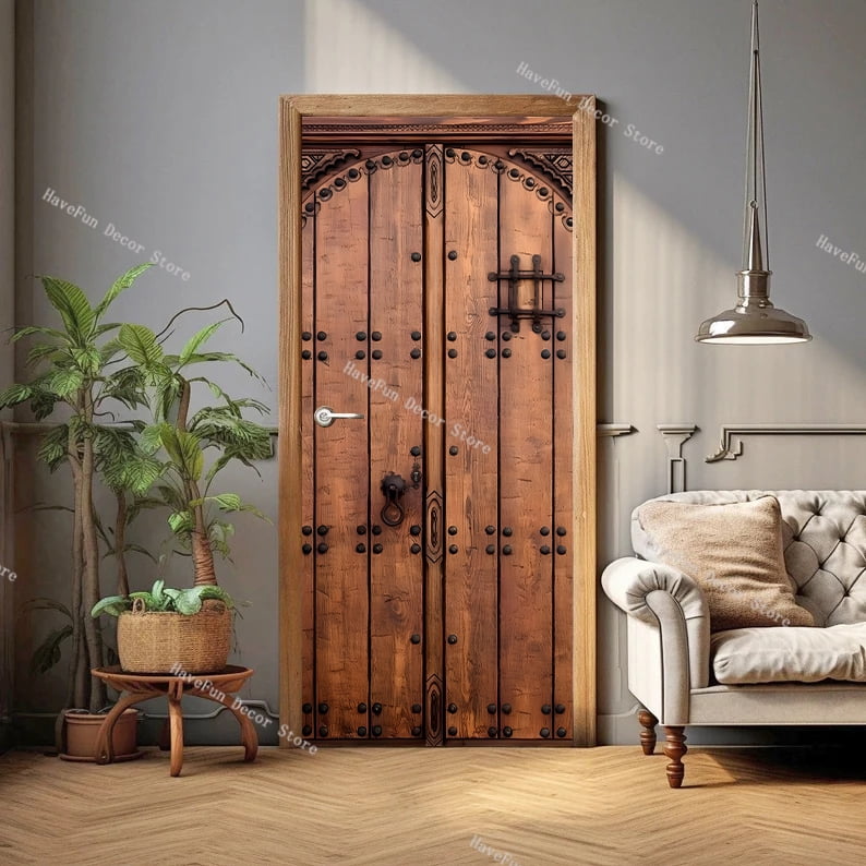 European Retro Simulation Wooden Door Stickers Old Door Renovation ...
