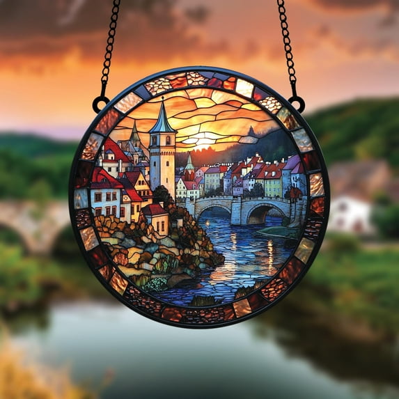 European River Town ACRYLIC Suncatcher fullxfull Sunset Over Village ...