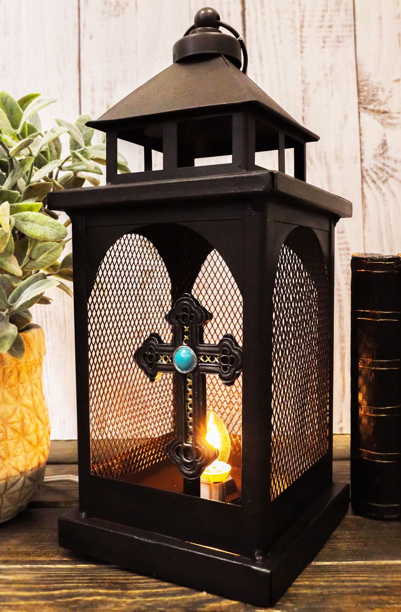 European Rustic Western Turquoise Scroll Cross Electric Metal Lantern ...