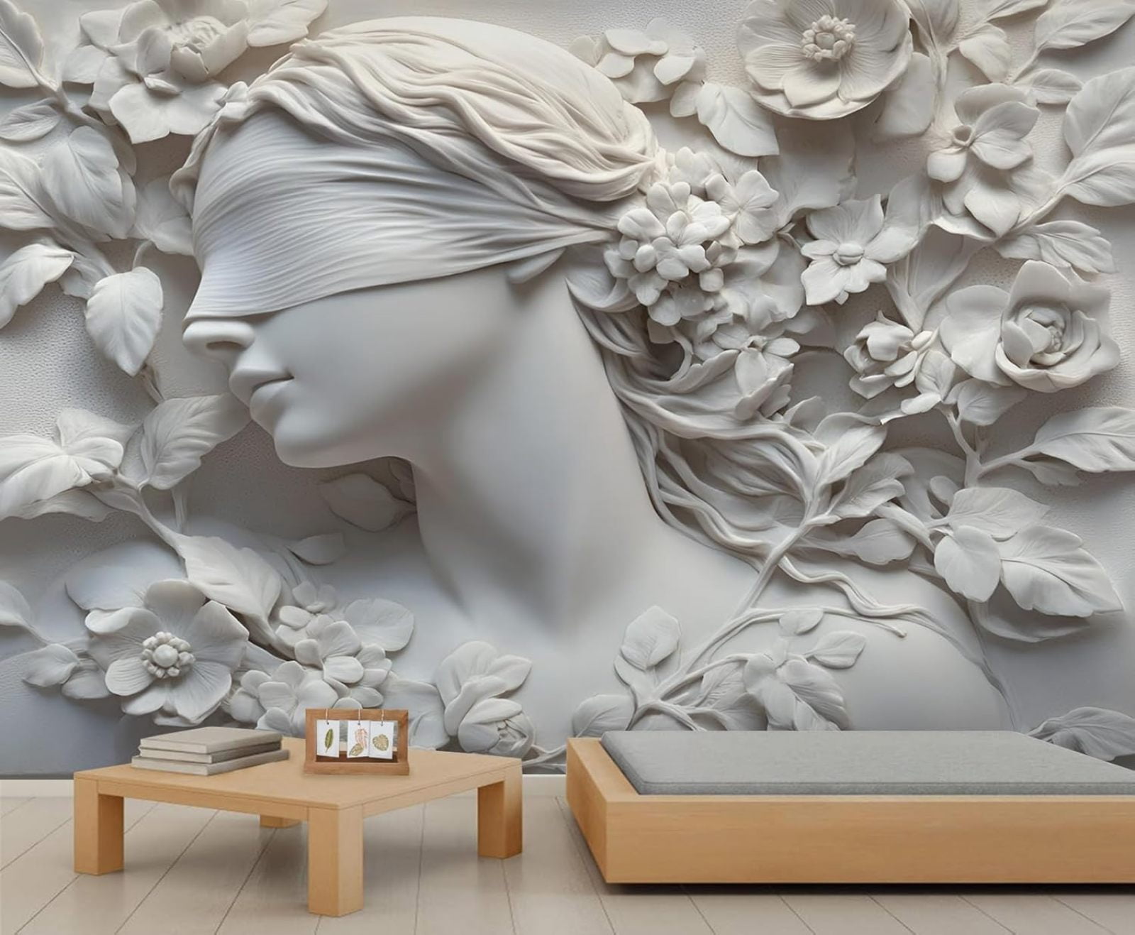 European Stereo Woman Statue Wall Mural, Relief Flowers And Leaves 3D ...