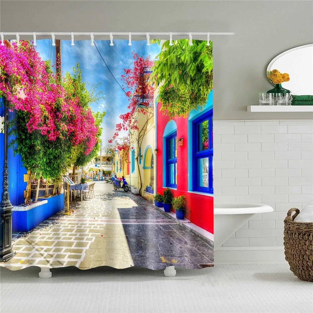 European Street Town Landscape Shower Curtain Mediterranean Style ...