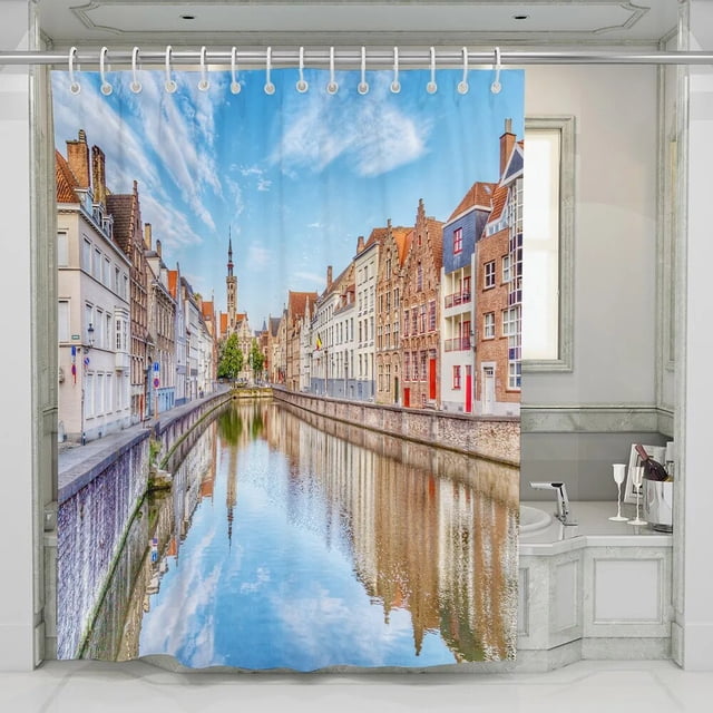 European Style Architecture Scenery Shower Curtain Seaside City Sea ...