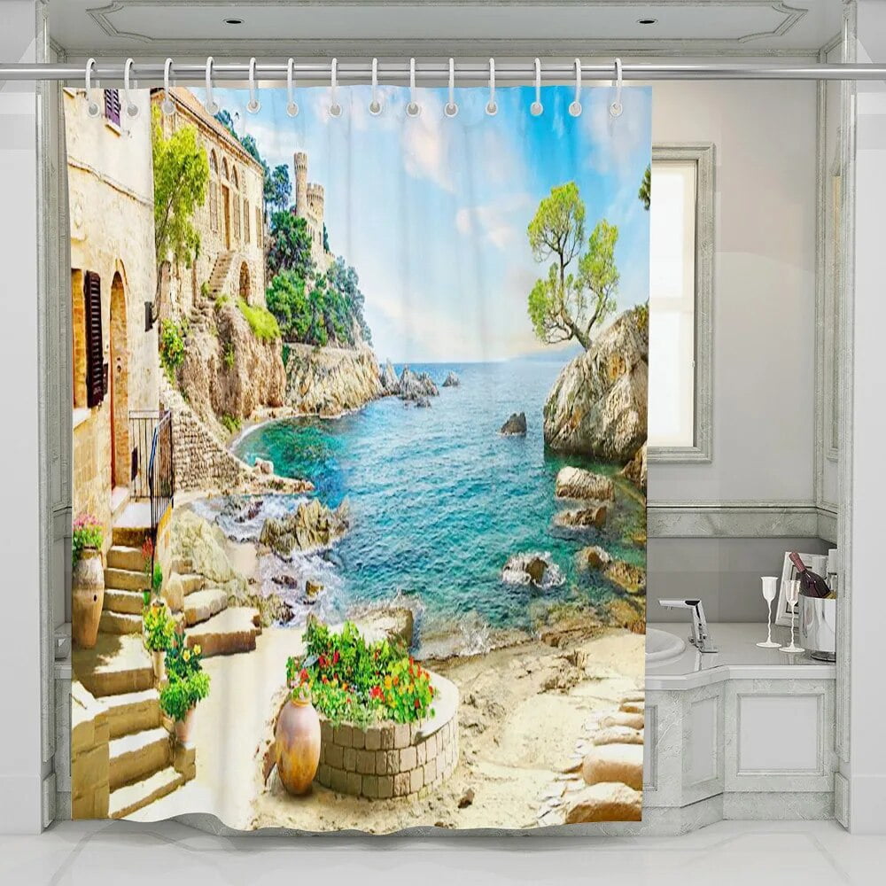European Style Architecture Scenery Shower Curtain Seaside City Sea ...