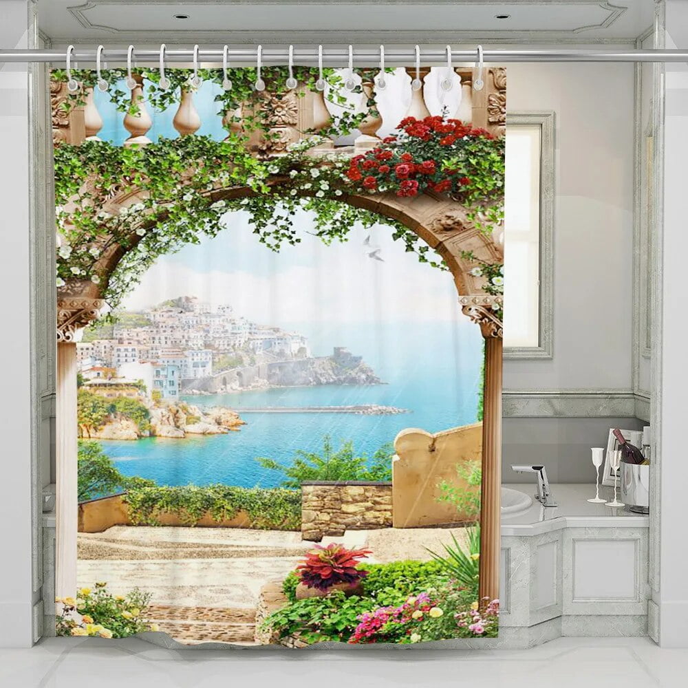 European Style Architecture Scenery Shower Curtain Seaside City Sea ...