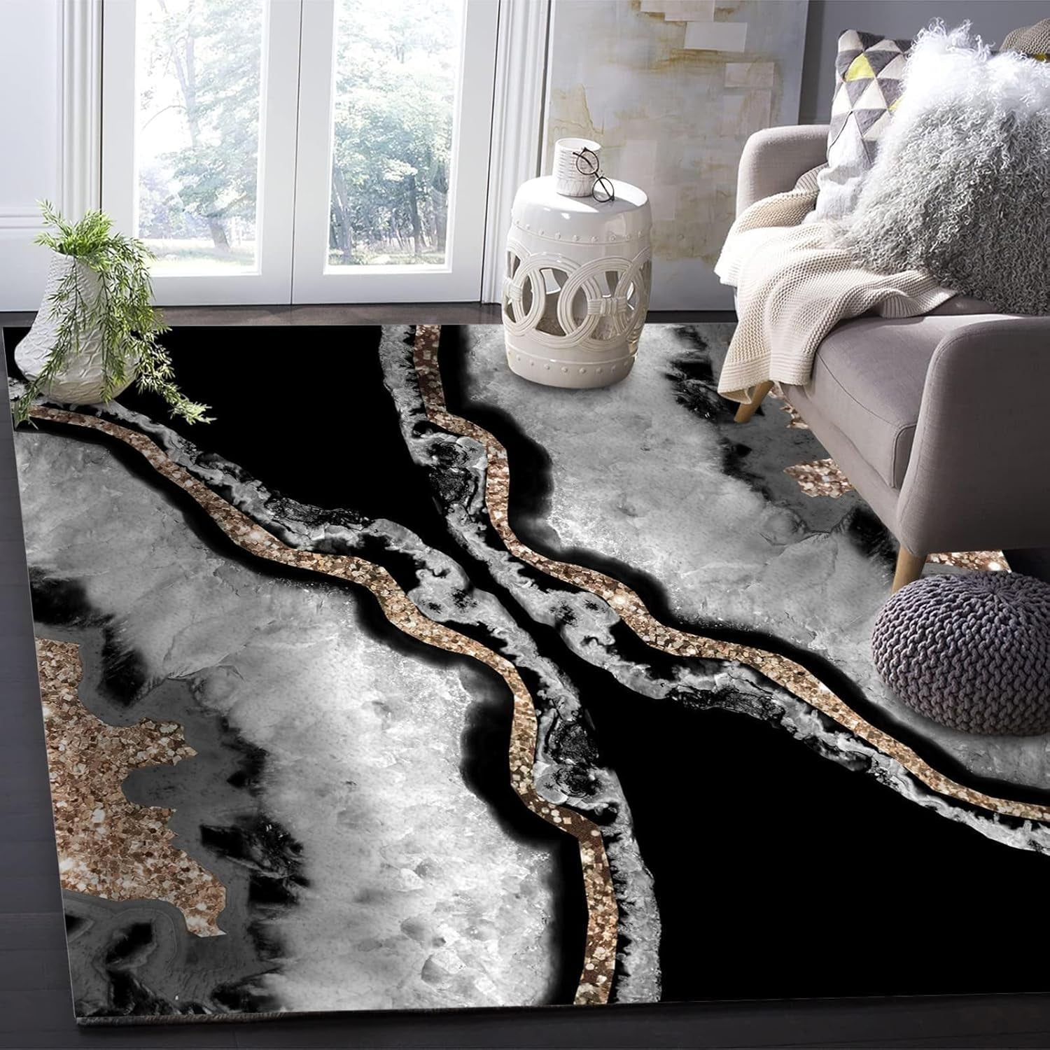 European Style Art Rectangle Rug, Luxury Black And Gray Marble Texture ...