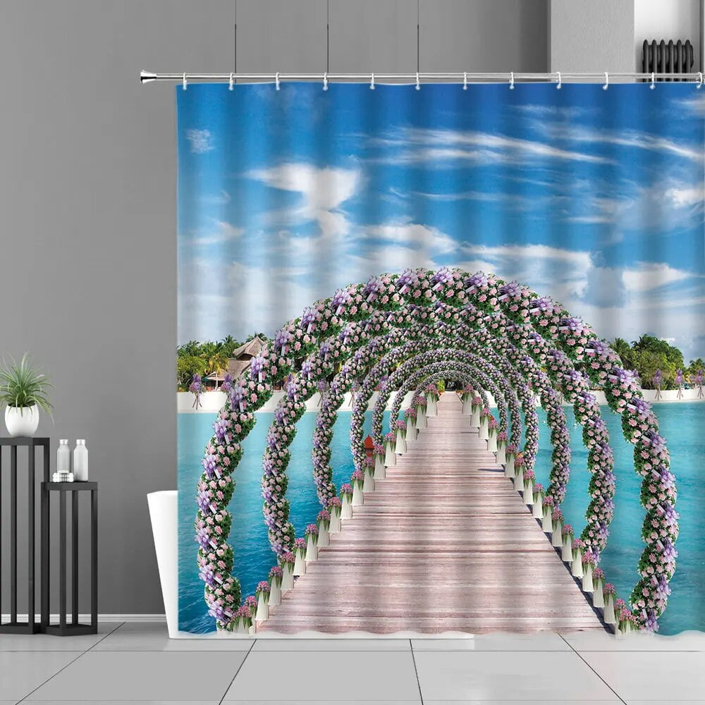 European-Style Black And White Palace Building Corridor Shower Curtain ...