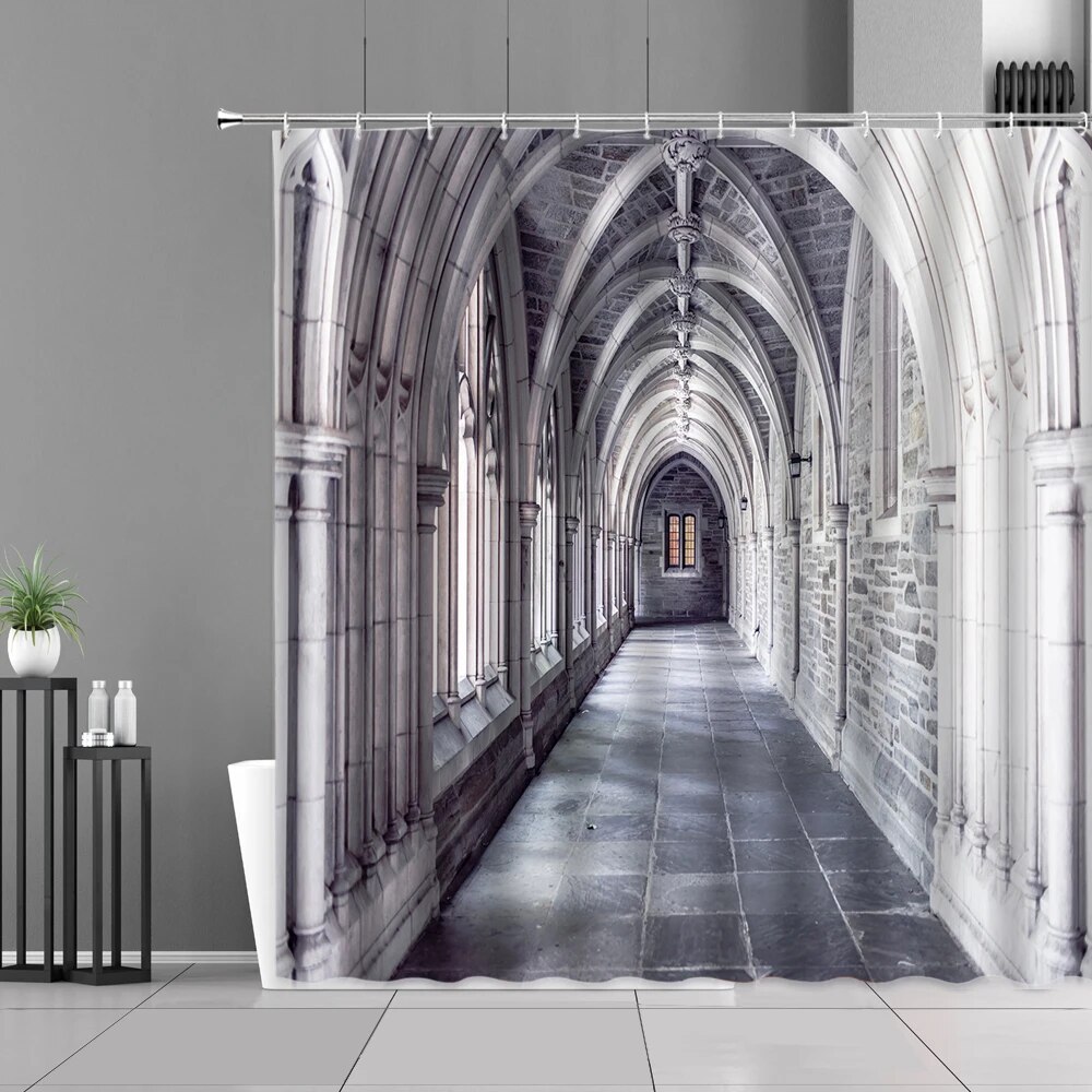 European-Style Black And White Palace Building Corridor Shower Curtain ...