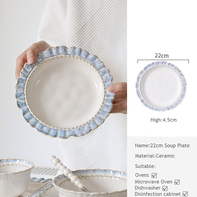European-Style Court Ceramic Lace Staple Plate, Simple Blue Breakfast ...