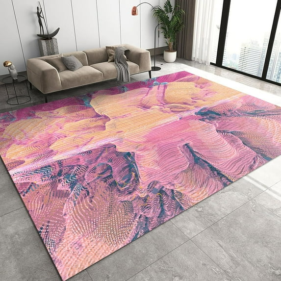 European Style Cute Symmetry Area Rugs, Pink Gray Yellow Layered Lines ...